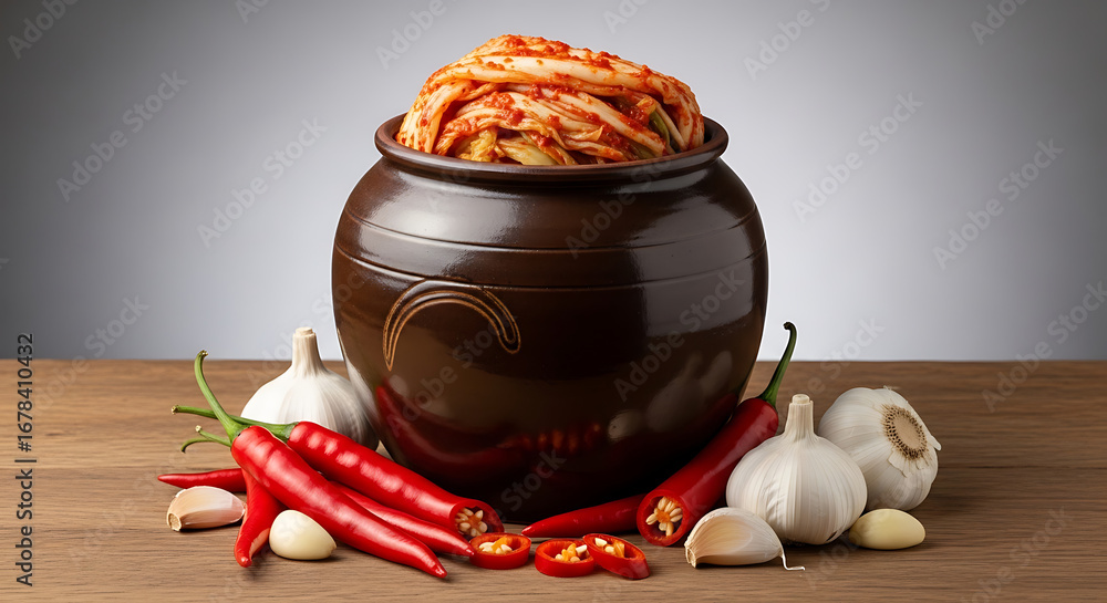 Authentic Korean kimchi fermentation in traditional crock with fresh ...