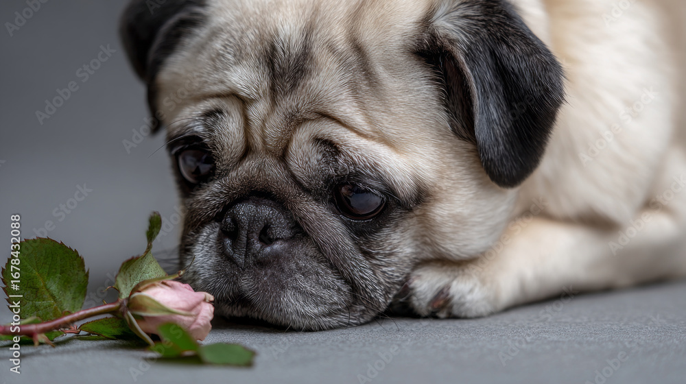 Curious pug dog looking at single pink rose flower. Adorable pet on ...