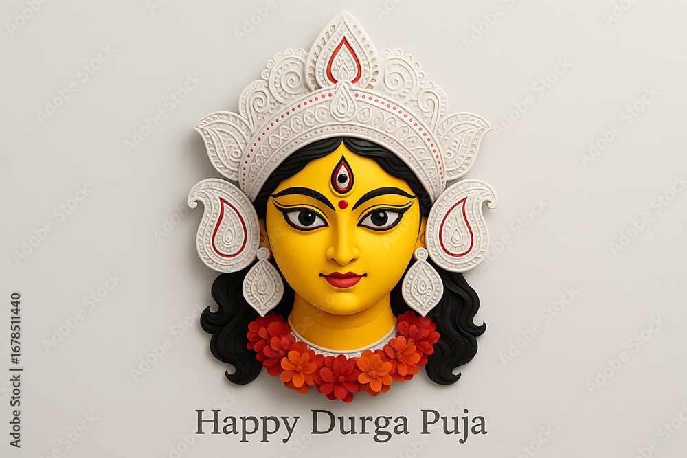 A white clay-style sculpture of durga maa with a yellow face and red ...