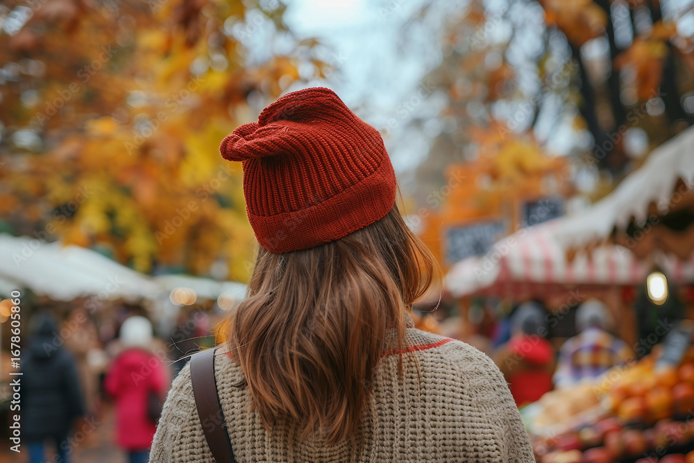 Seasonal autumn fair market with bright warm autumn colors, people ...