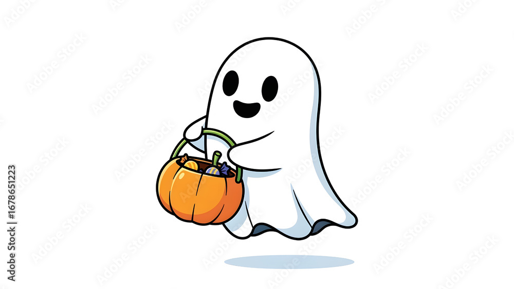 Cute cartoon ghost holding pumpkin pail for trick or treat Halloween ...