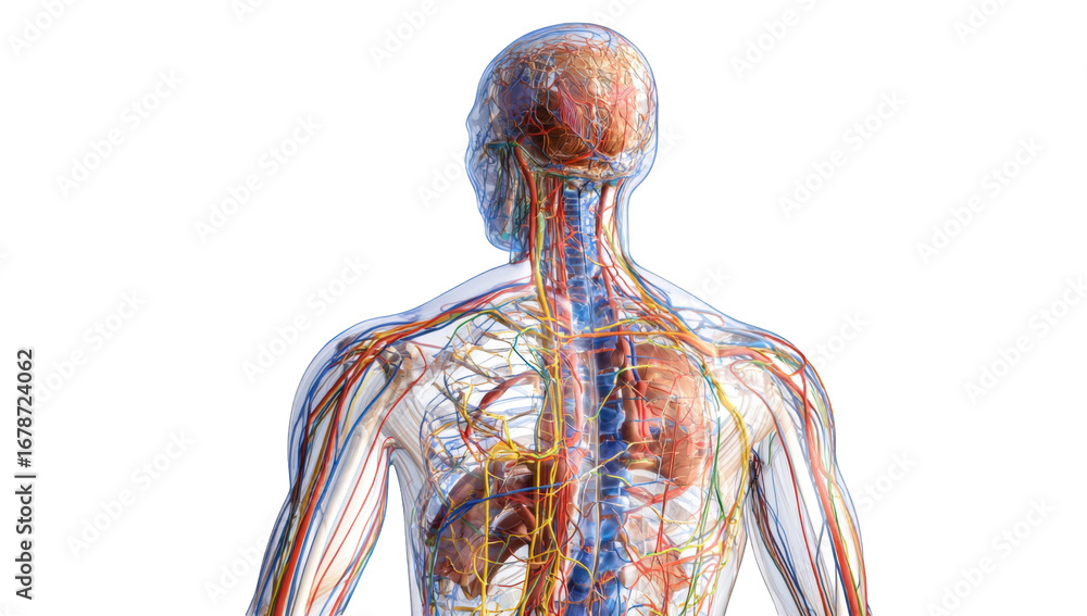 Transparent anatomical model of the back and upper body. Detailed view ...