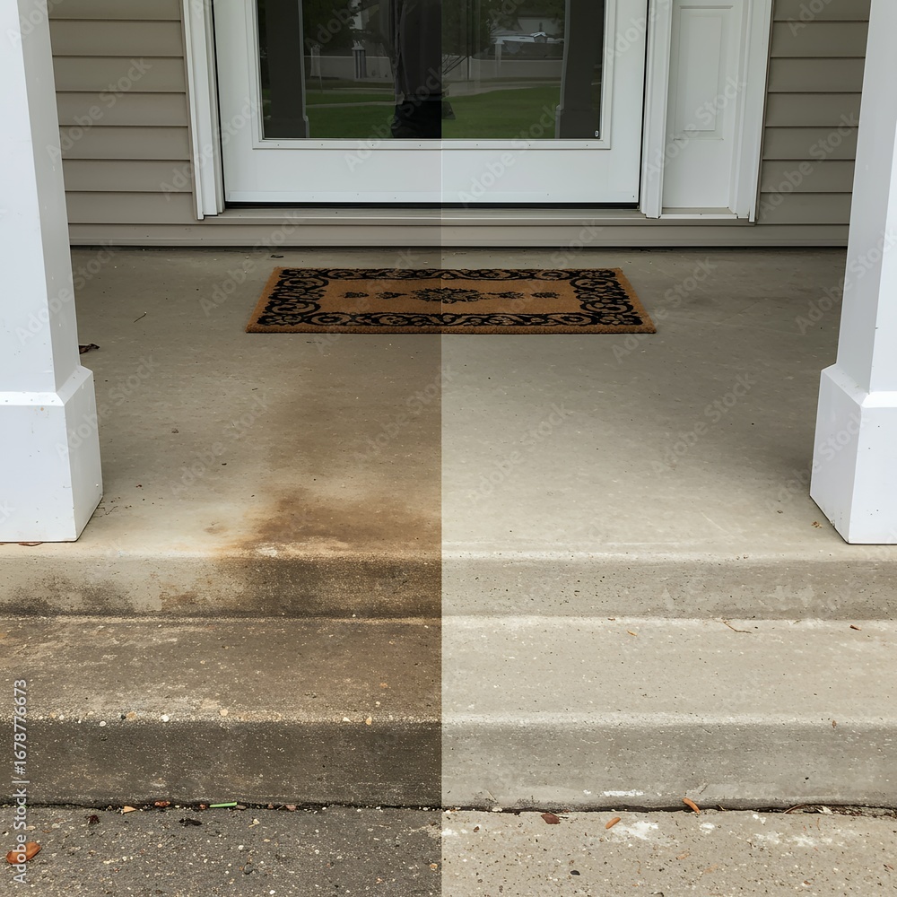 Before and after comparison of a dirty concrete porch and steps next to ...