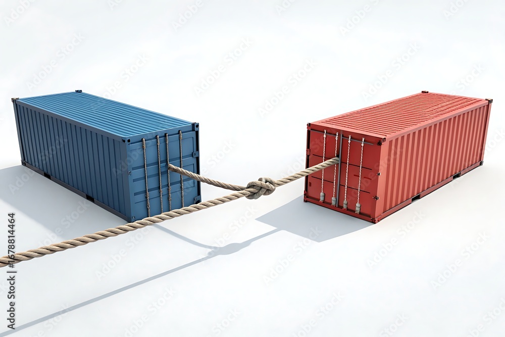 Two shipping containers connected by a thick rope in a tug of war ...