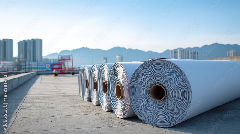 White roofing membrane rolls sit on a concrete roof. Shows material for ...