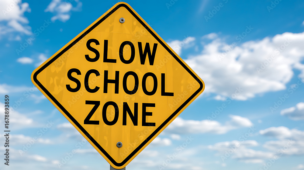 Diamond shaped yellow school zone sign alerting drivers to slow down ...
