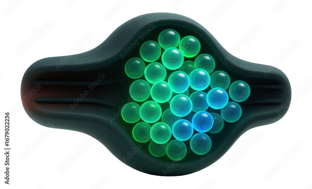 Fluorescently labeled synaptic vesicles in a neuronal axon terminal ...