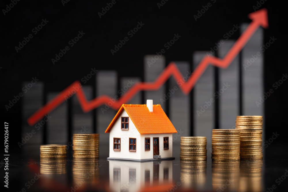 Rising house prices: A miniature house stands before a rising graph and ...