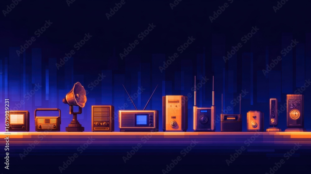 Vintage audio devices displayed in a modern digital setting, showcasing ...