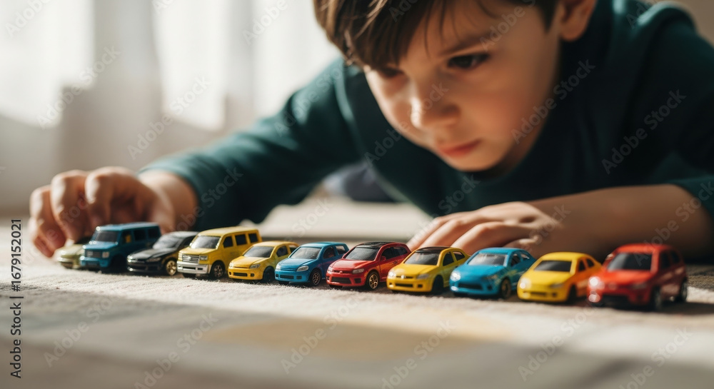 Child with autism focused on lining up toy cars in a perfect row. Stock ...