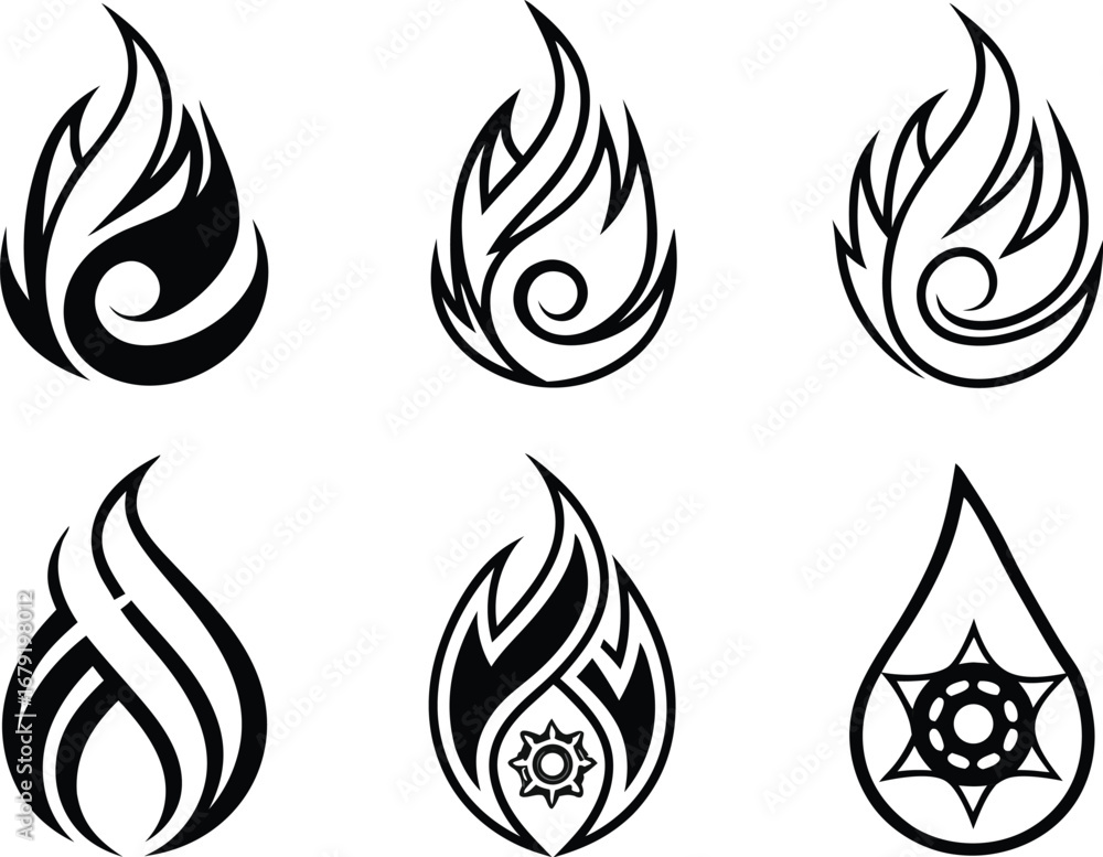 Ornate flame designs for creative projects and tattoos, a collection of ...