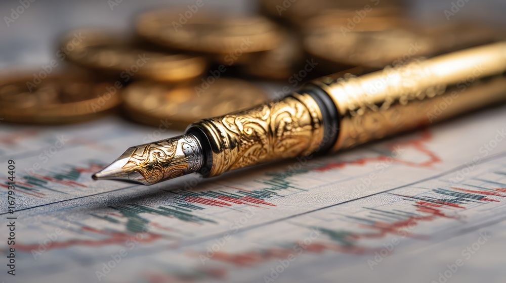 Golden Pen and Financial Chart: A detailed close-up showcasing a finely ...