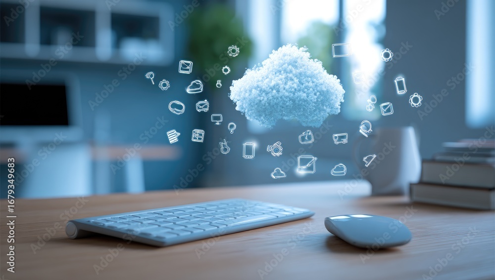 Cloud computing concept; data icons above keyboard and mouse on a desk Stock Photo | Adobe Stock