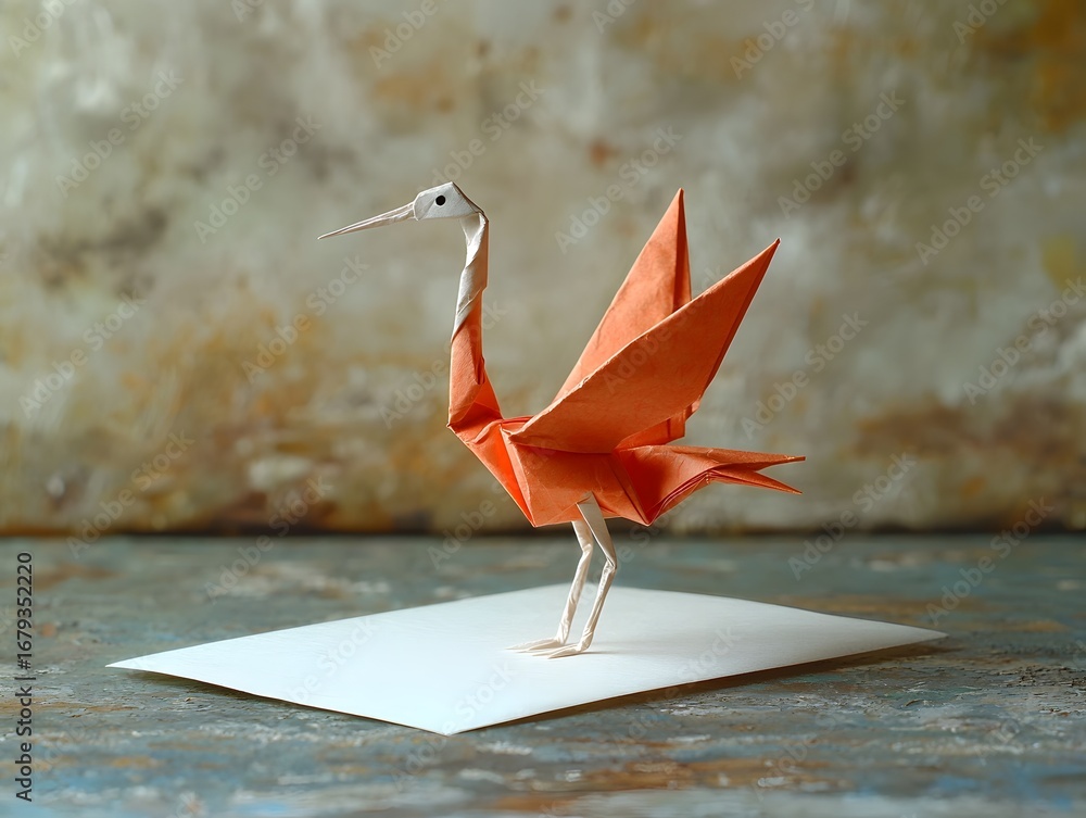 A beautifully folded orange origami paper crane stands gracefully on a ...