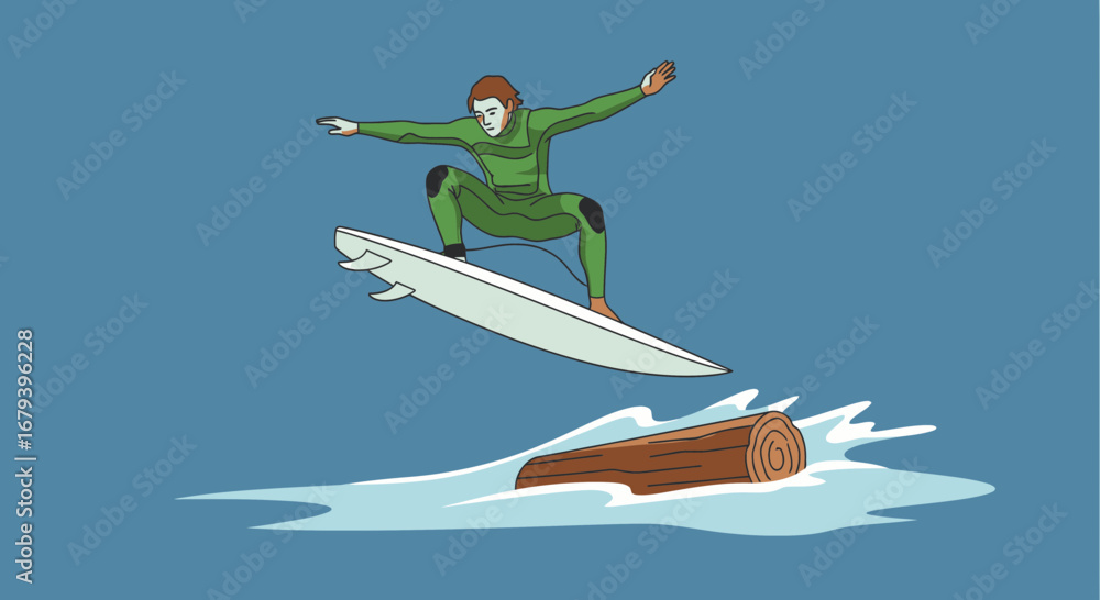 Surfer Executes Bold Jump Over Log, Depicting Strength and Precision in ...