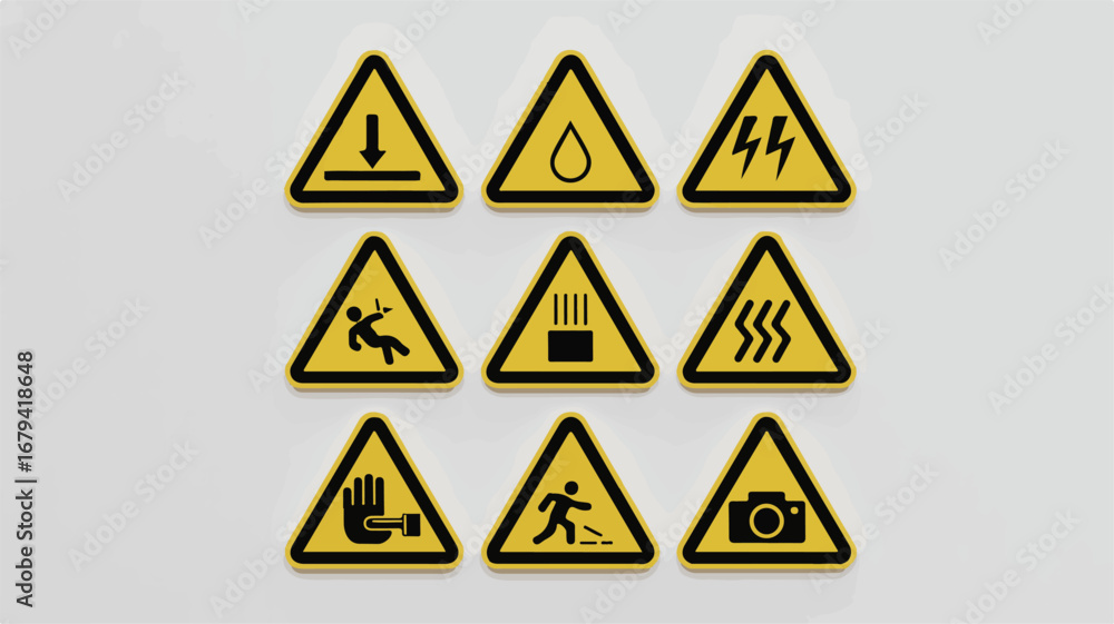 Nine Yellow Warning Triangle Signs Featuring Safety and Hazard ...