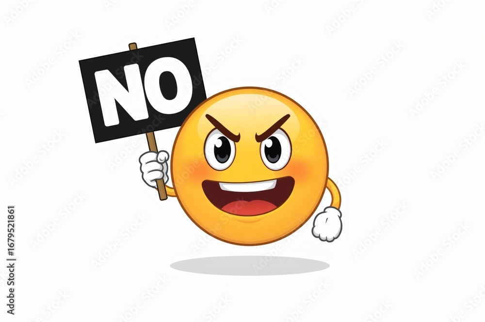 Angry emoticon protesting, holding "NO" sign, white background, social ...