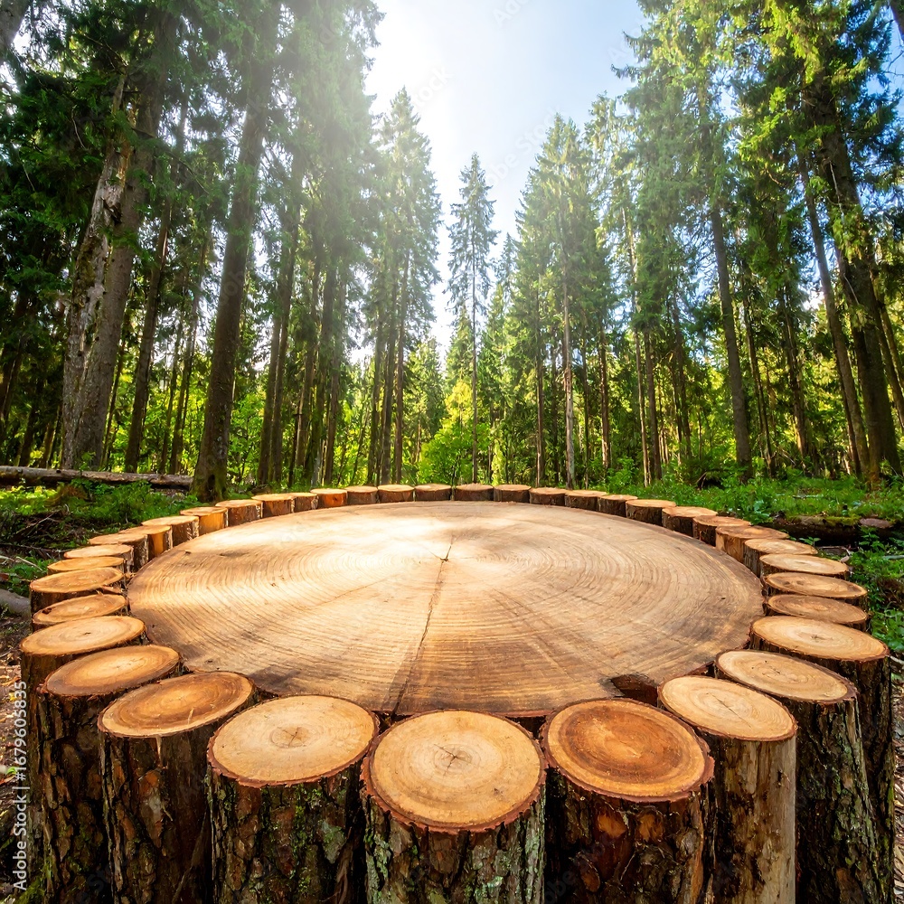 A large tree stump with smaller logs arranged around it in a forest ...