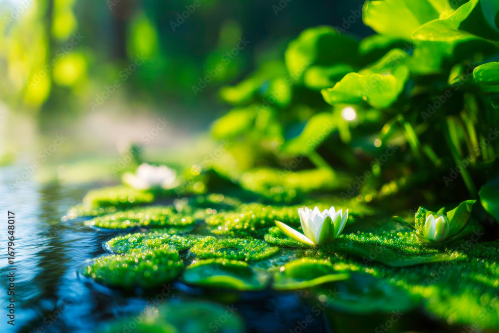 Murky swamp water with floating lily pads and a gentle mist creating a ...