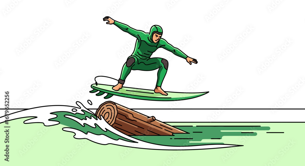 Illustration of a surfer jumping over log wave in the water with green ...