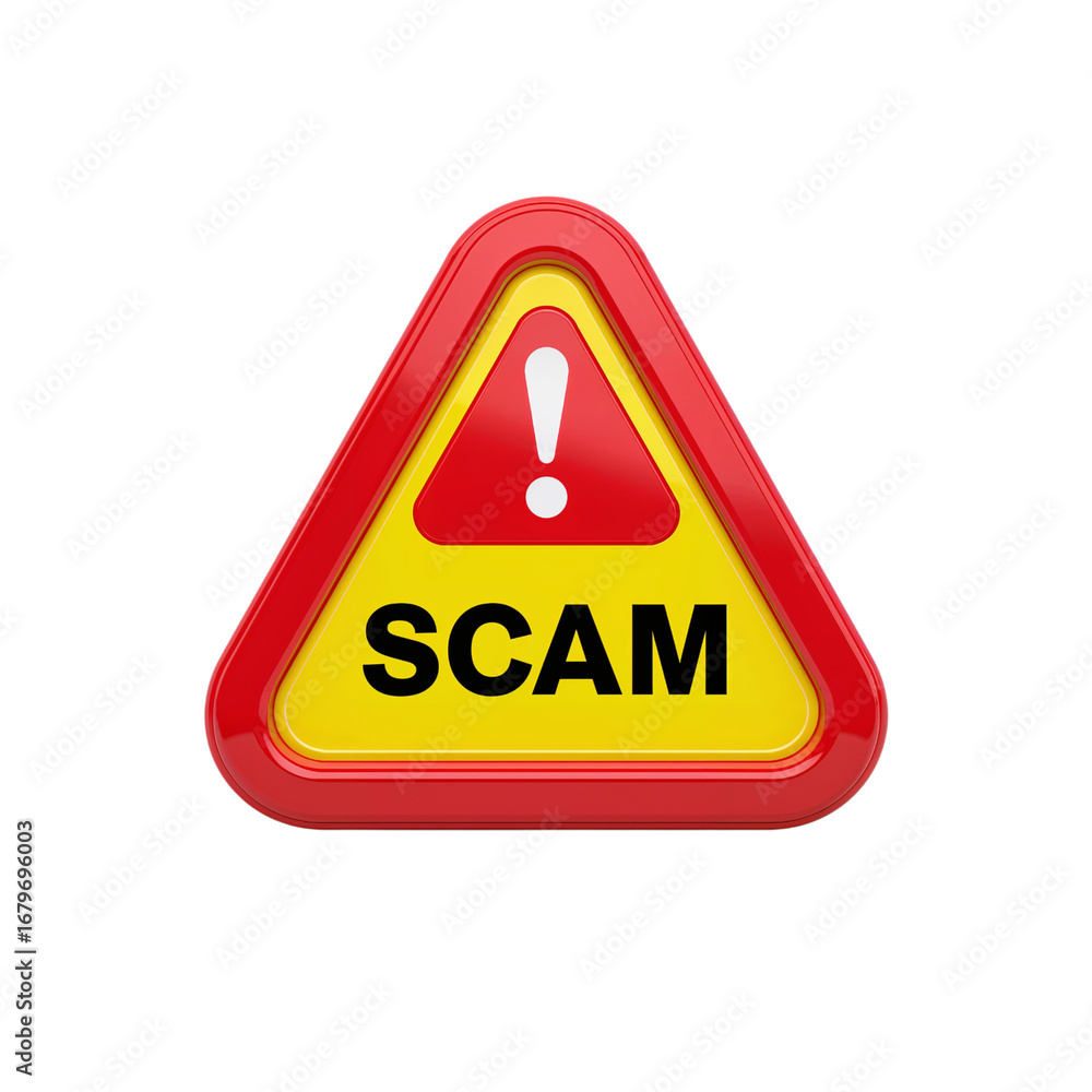 Glossy 3d warning sign alerting to scams with exclamation mark and bold ...