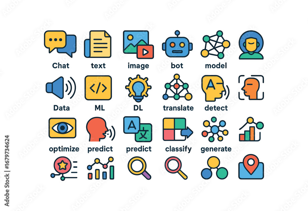 colorful flat vector icons AI (Types) ai chat ai text ai image ai video ...