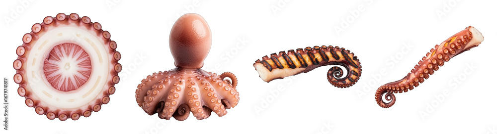 Octopus set including whole, grilled tentacle, cooked tentacle, and ...