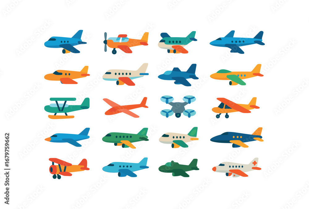 colorful flat vector icons Plane (Types) plane jet plane propeller ...
