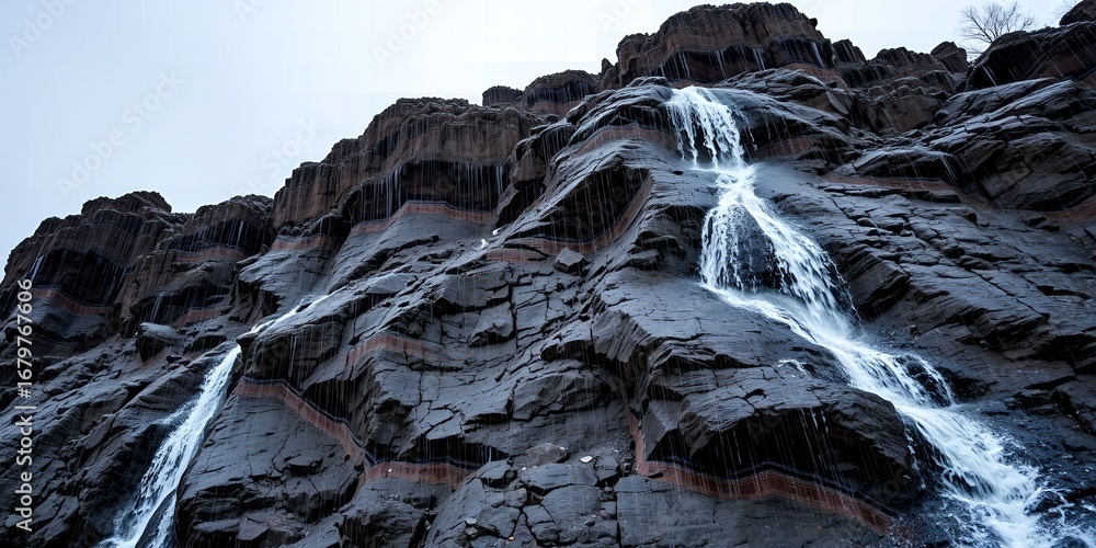 Narrow waterfalls cascade down a stratified dark rocky cliff face under ...