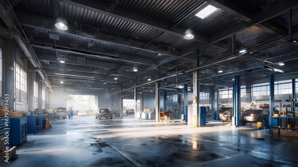 Foto Spacious modern car repair shop interior with multiple service ...