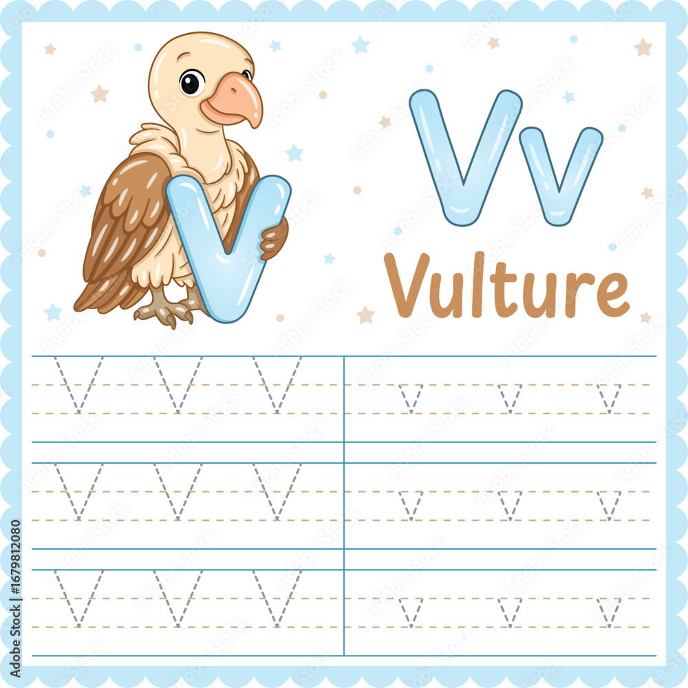 Letter V Tracing Worksheet Cute Vulture Alphabet Printable for Kids ...