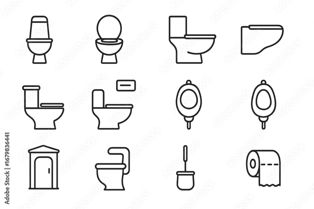 Toilet and bathroom line icon set. Vector collection of restroom symbols, including toilet bowl ...