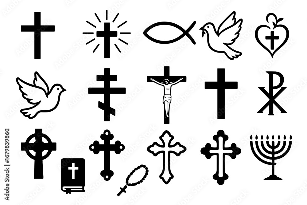Christian religious symbols set. Cross, crucifix, dove, bible, ichthys ...