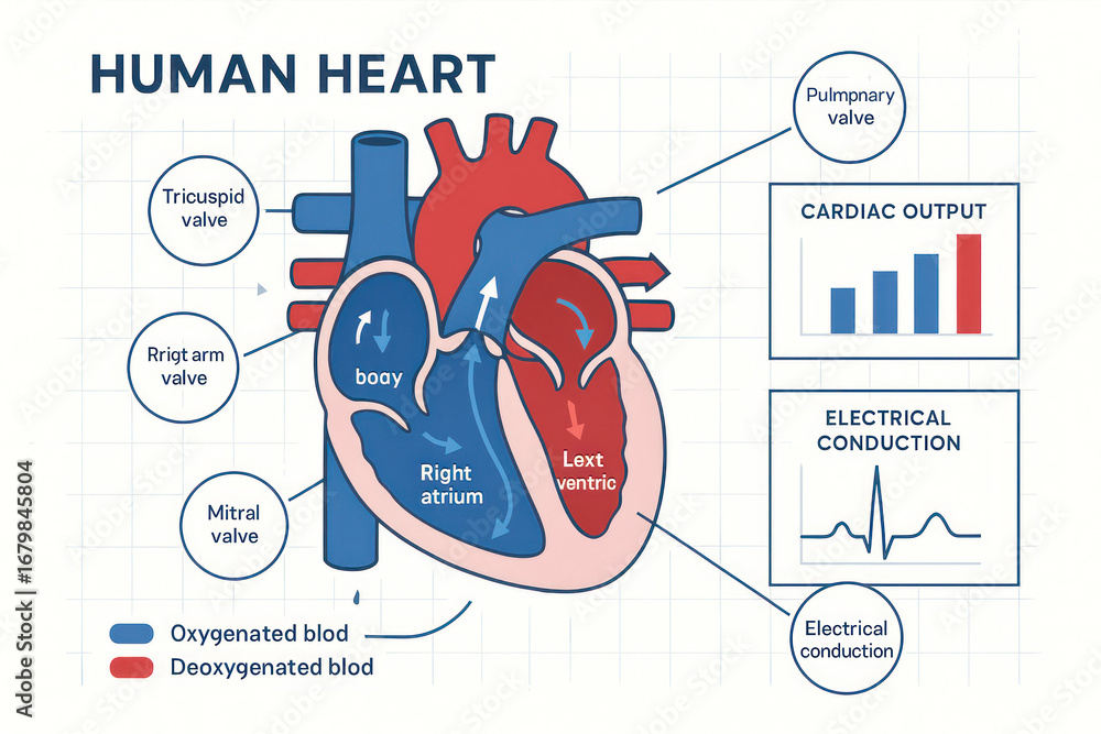 Human Heart Diagram Illustration, Valves, Chambers, Blood Flow, Cardiac ...
