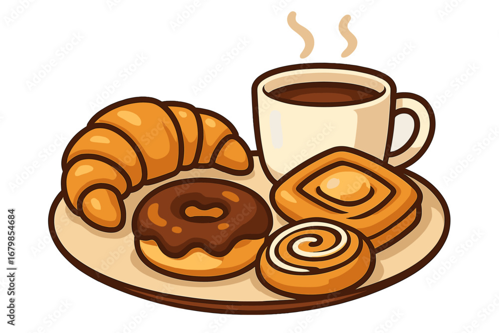 Vector cartoon illustration of a coffee break with pastries. Includes ...