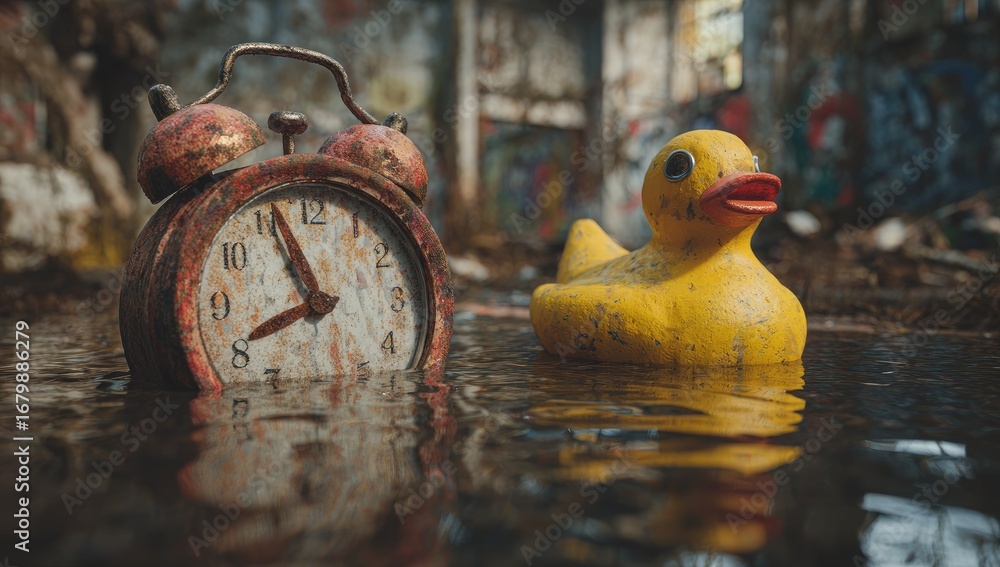 Rusty alarm clock and rubber duck in a murky pool in an abandoned ...