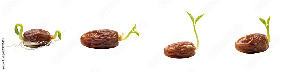 Date seeds sprout showing growth stages. Germination, development ...