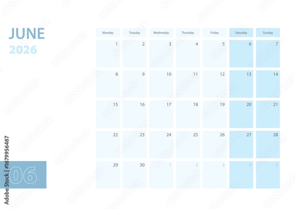 Calendar template for the June 2026, the week starts on Monday. The ...