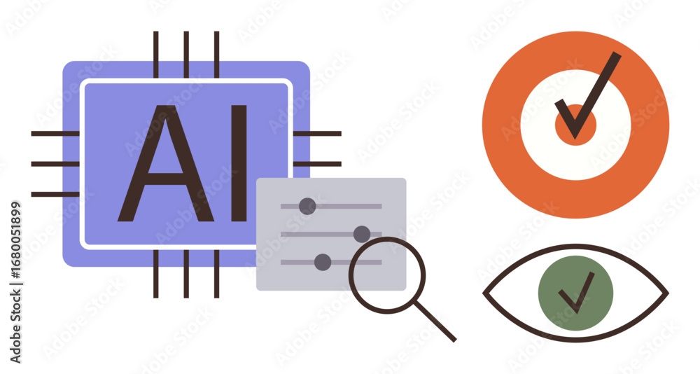AI microchip, settings control, magnifying glass, checkmark in a target ...