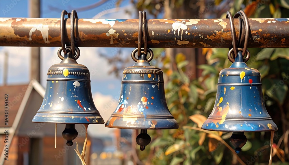 Stock-Illustration „Decorative blue bells hanging from a rusty metal ...