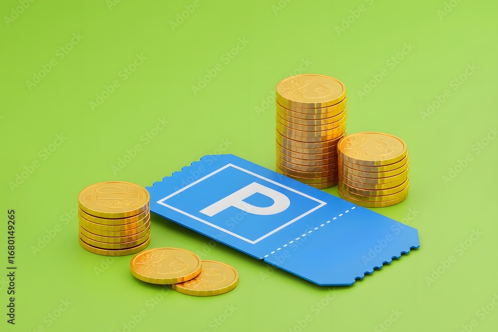 Parking ticket and coins. Payment for parking coupons. Urban transport ...