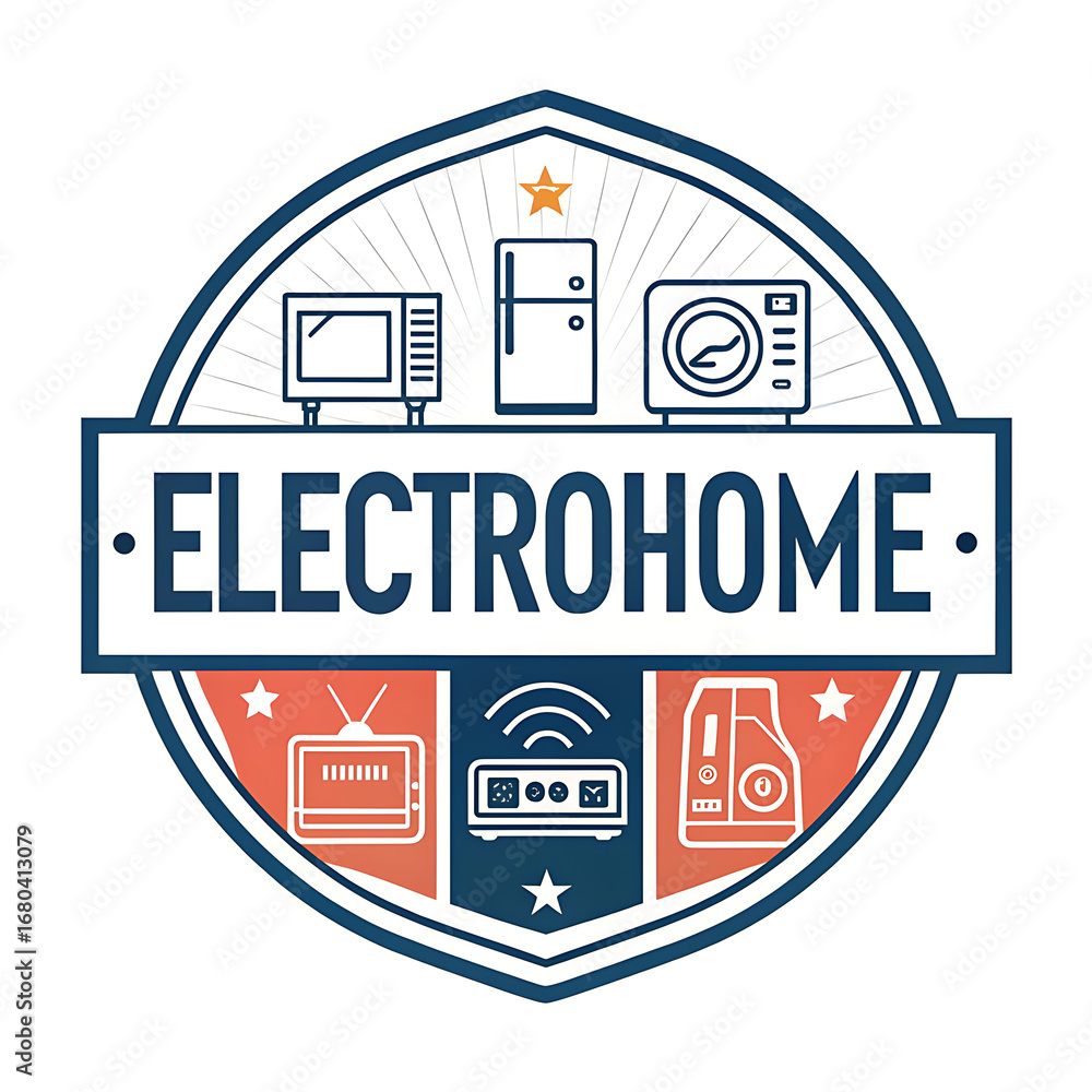 Retro badge logo for a home-electronics store, with a ribbon banner ...