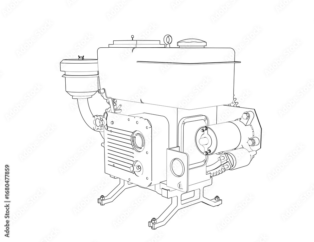 Diesel Engine with Electric Starter Technical Drawing: Monochrome ...