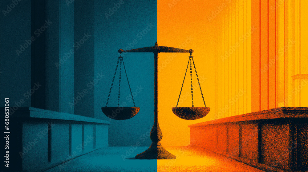Panoramic Courtroom Split Vertically: Left Depicting Unfair Trial with ...