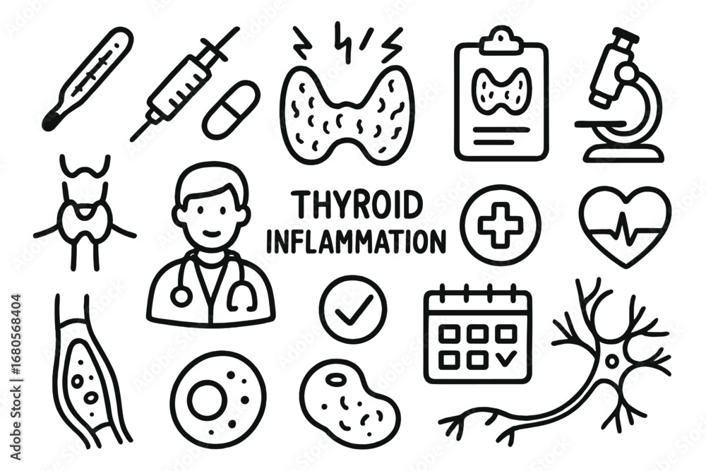 Thyroid Health Icons. Hand-drawn doodle illustration thyroid ...