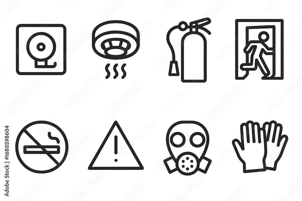 Fire Safety Icons. Outline icon set of fire and smoke safety: fire ...