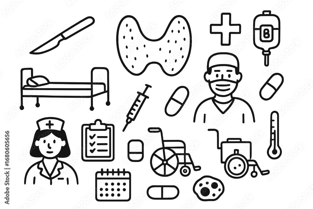Thyroid Surgery Doodle Icons. Hand-drawn doodle illustration thyroid ...