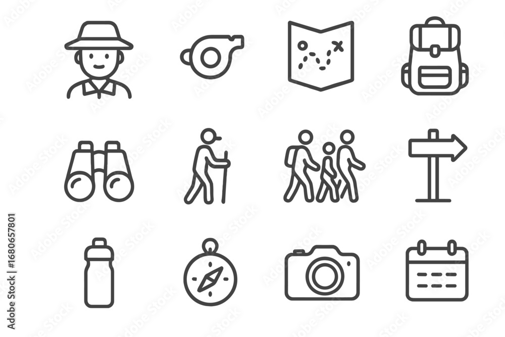 Nature Walk Icons. Outline icon set of guided group nature walks: guide ...