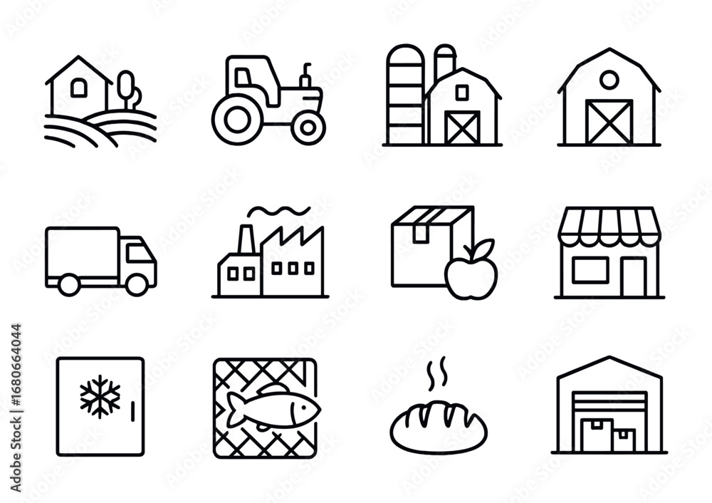 Food Supply Icons. Outline icon set of food supply chain: farm, tractor ...