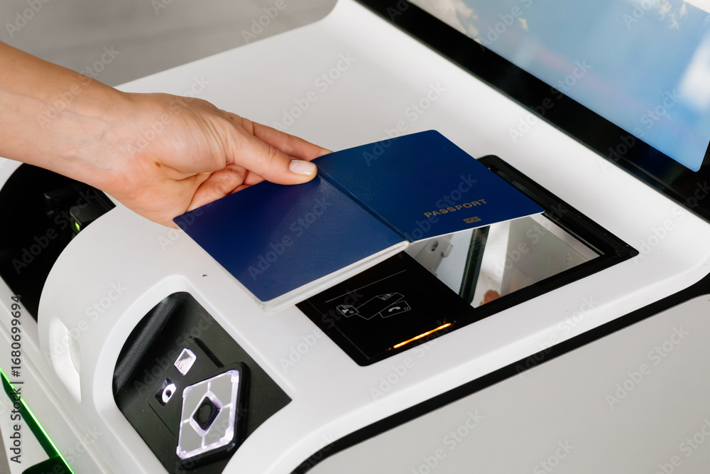 Foto de Stock The passport scanning process at the airport highlights ...